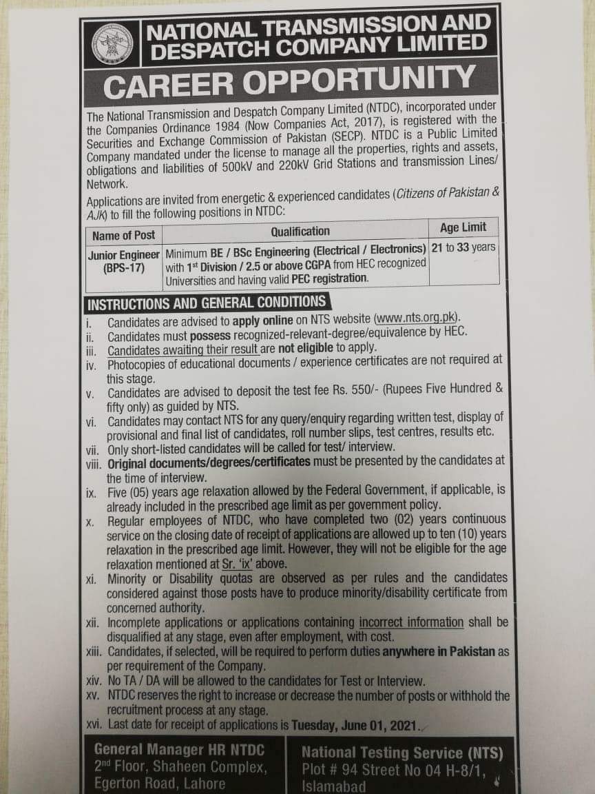 National Transmission And Despatch Company Jobs. NTDC New Jobs