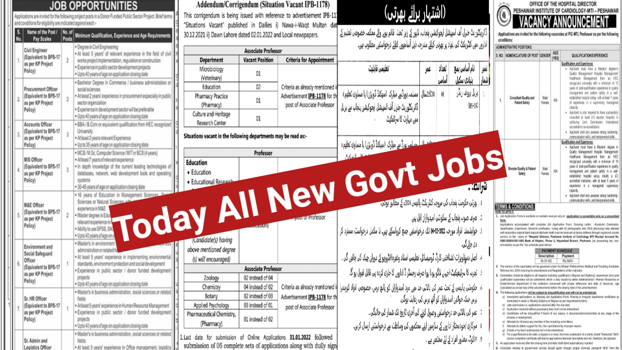 Today All New Government Jobs January 2022 - Govtpakjobs.com