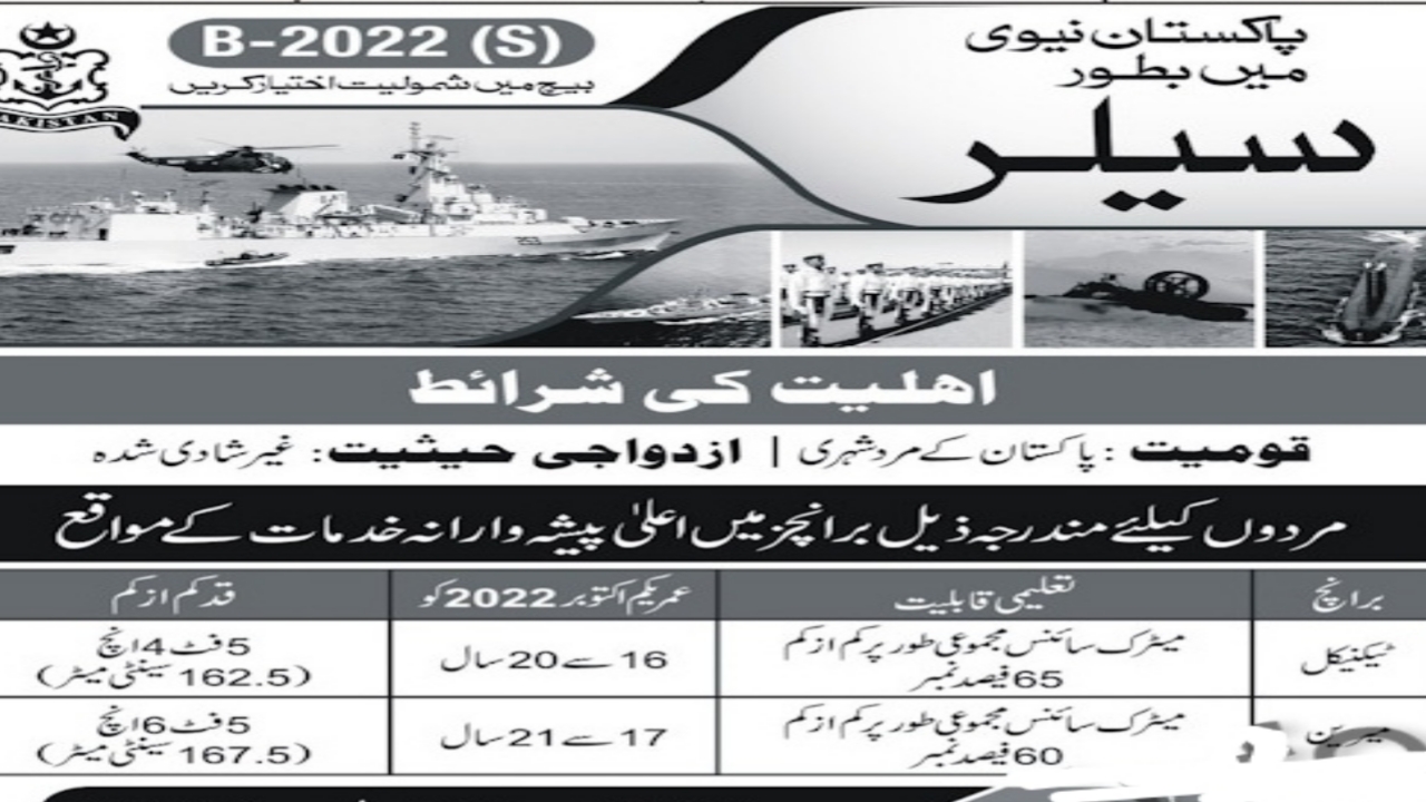 Join Pak Navy As Sailor Jobs 2022 Online Apply Www.joinpaknavy.gov.pk