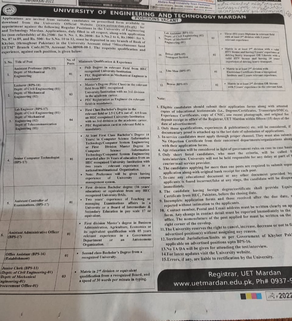 University Of Engineering And Technology UET Mardan Jobs 2022 ...
