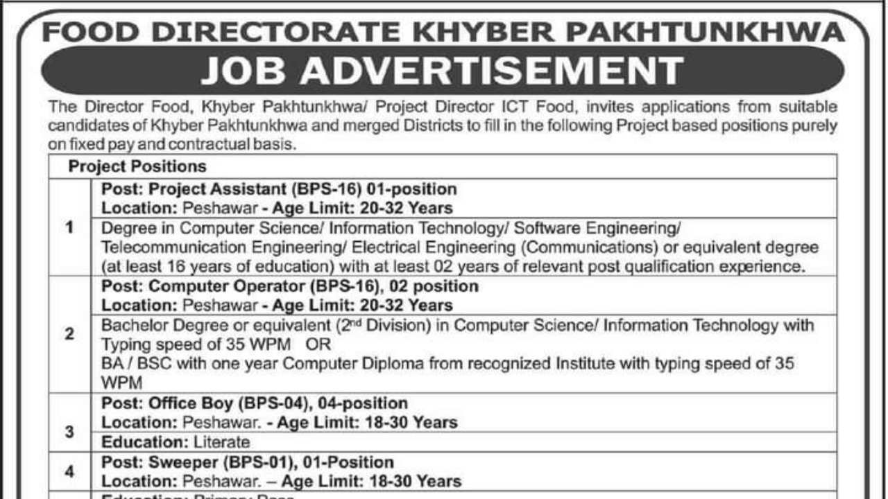 Food Directorate KPK Jobs 2022-Apply Online Via Assami.kp.gov.pk ...