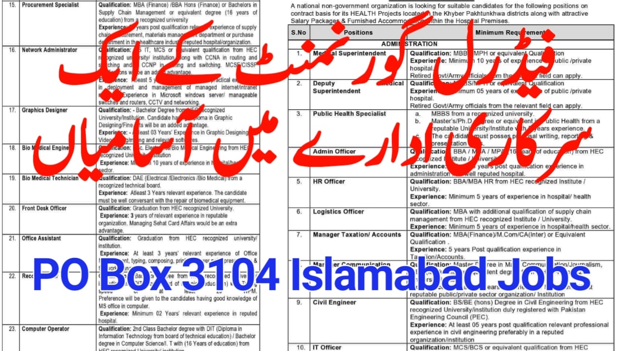 Federal Government P.O.Box 3104 Islamabad Jobs - Govtpakjobs.com