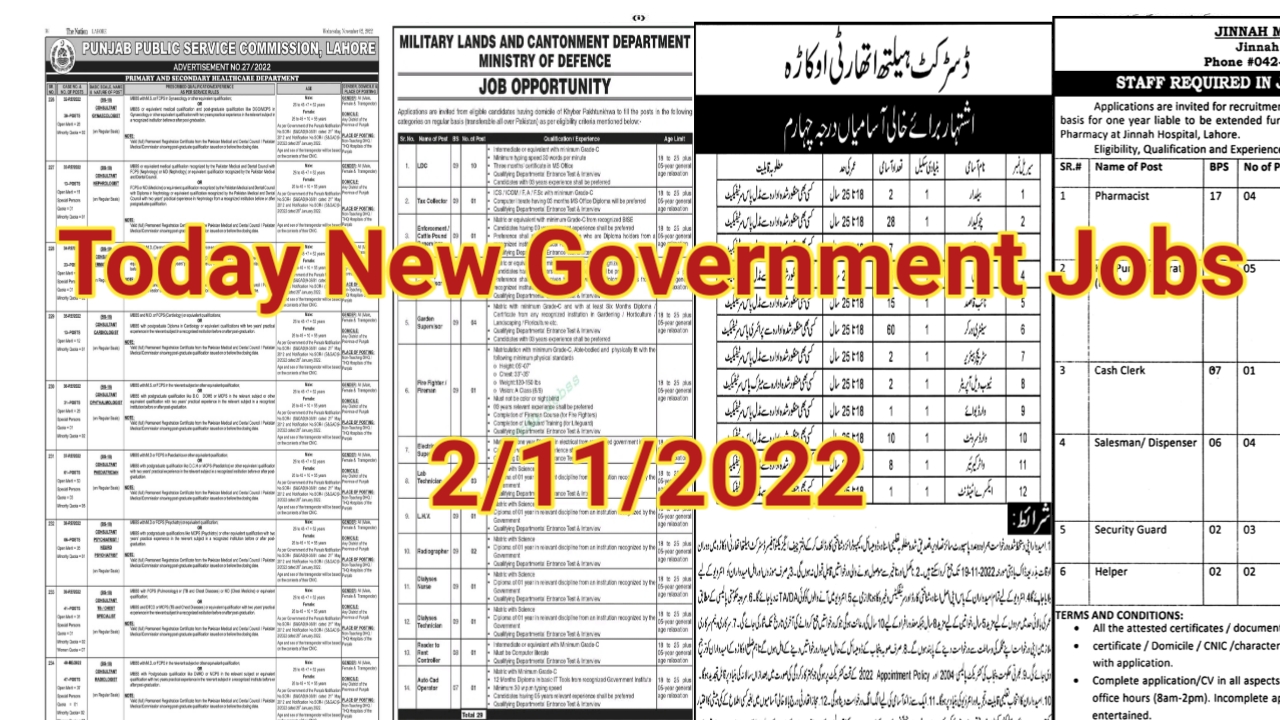 Today All New Government Jobs 2 November 2022 - Govtpakjobs.com