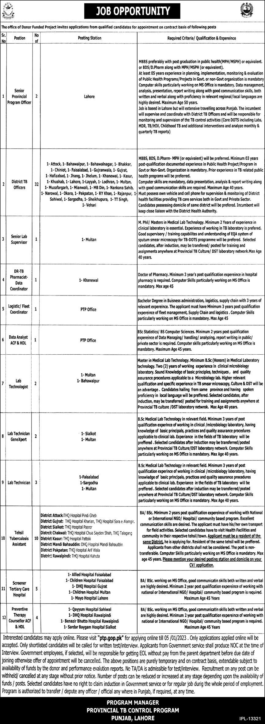Apply Online Via Www.ptp.gop.pk For Punjab Provincial TB Control ...