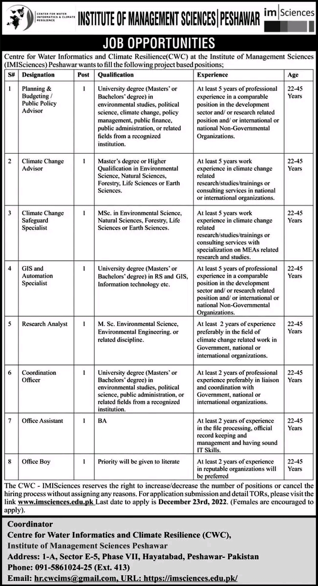 Institute Of Management Sciences, Peshawar|Apply Via Www.imsciences.edu ...