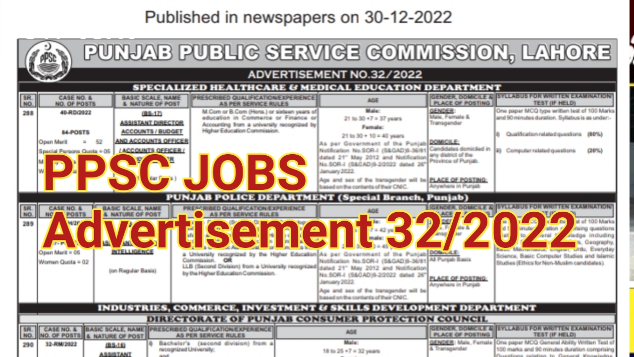 PPSC Adv No 32/2022 Jobs Online Apply Www.ppsc.gop.pk