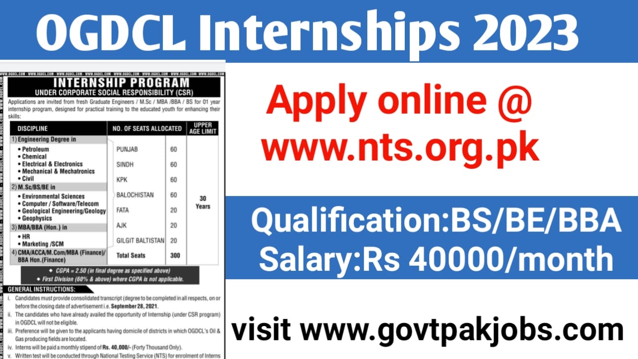 OGDCL Internships 2023-Apply Online Via Www.nts.org.pk - Govtpakjobs.com
