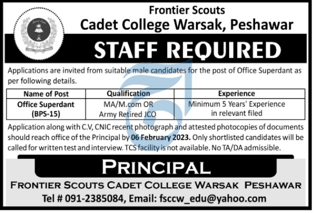 Cadet College Warsak Jobs 2023 - Govtpakjobs.com