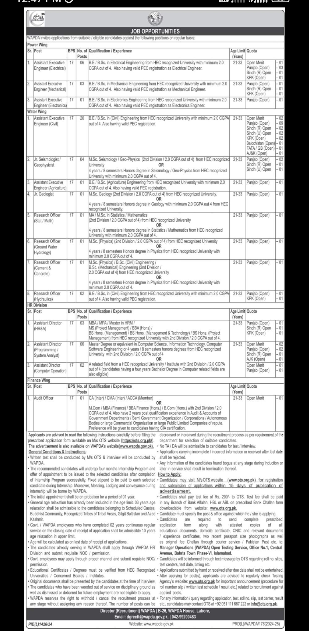 WAPDA OTS Jobs 2024 Online Apply Via Www.ots.org.pk - Govtpakjobs.com